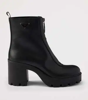 Prada Leather Zipped Heeled Ankle Boots 85