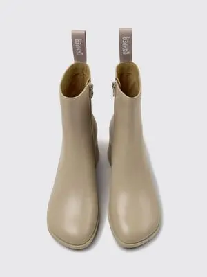 Camper Kora Smooth Leather Ankle Boots With Block Heel And Side Zip - Beige