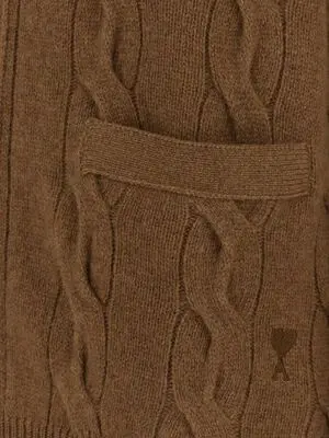 AMI Paris V-neck Merino Wool Cardigan With Patch Pockets - Camel