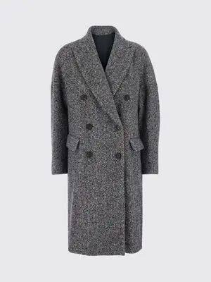 Brunello Cucinelli Relaxed Fit Double-breasted Wool Blend Coat With Lapels - Grey