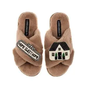 LAINES LONDON Classic Slippers With Home Sweet Home Brooches - Brown