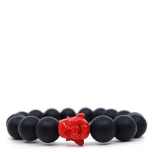 Shar Oke Black / Red Light Red Happy Buddha & Matte Onyx Beaded Bracelet - Black/red