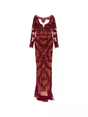 Zuhair Murad Beaded Lace Fishtail Gown - Red