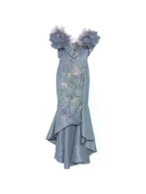 Marchesa Off-shoulder Crystal-embroidered Gown - Blue