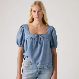 LEVI'S Darling Short Sleeve Cutwork Blouse - Blue
