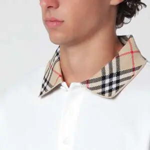 Burberry Chalk Cotton Piqué Polo Shirt With Check Collar