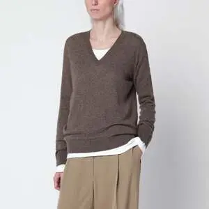 THE ROW Phora Taupe Cashmere V-neck Sweater