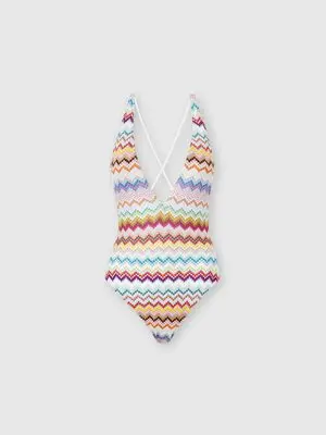 Missoni One-piece Swimsuit In Lamé Viscose With Pixel-effect Zigzag Pattern And V-neckline Multicoloured
