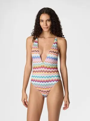 Missoni One-piece Swimsuit In Lamé Viscose With Pixel-effect Zigzag Pattern And V-neckline - Multicoloured