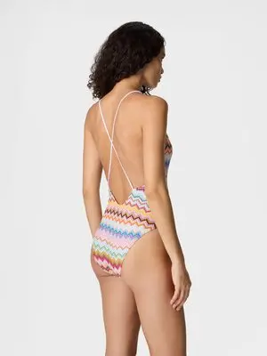 Missoni One-piece Swimsuit In Lamé Viscose With Pixel-effect Zigzag Pattern And V-neckline - Multicoloured