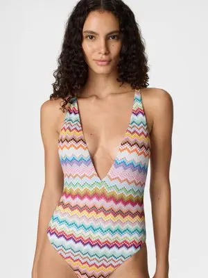 Missoni One-piece Swimsuit In Lamé Viscose With Pixel-effect Zigzag Pattern And V-neckline - Multicoloured