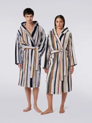 Missoni Long Curt Chevron Cotton Terry Hooded Bathrobe - Black