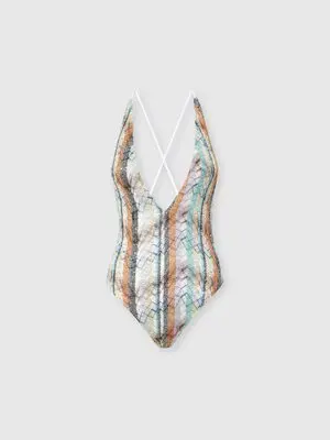 Missoni One-piece Swimsuit In Lamé Viscose Blend With Multi-workmanship And Deep V-neckline - Multicoloured
