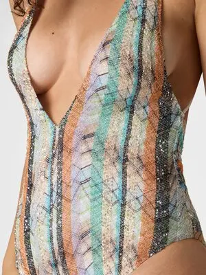 Missoni One-piece Swimsuit In Lamé Viscose Blend With Multi-workmanship And Deep V-neckline - Multicoloured
