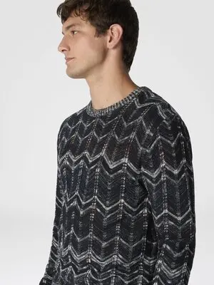Missoni Crew-neck Cotton Chevron Pullover With Ribbed Trims