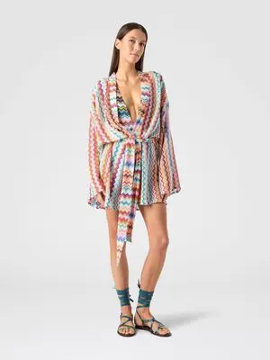 Missoni Short Kimono Cover-up In Lamé Viscose With Pixel-effect Zigzag Pattern