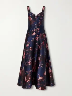 Erdem Belted Floral-print Duchess-satin Bustier Midi Dress - Blue