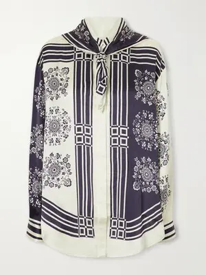 ALEMAIS Banderra Scarf-detailed Printed Silk-satin Shirt - Blue