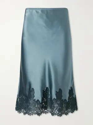 DÔEN Elowette Lace-trimmed Silk-satin Midi Skirt - Blue