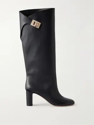 FERRAGAMO Elli 70 Embellished Leather Knee Boots - Black