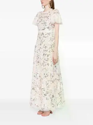 NEEDLE & THREAD Floral-embroidered Short-sleeve Gown