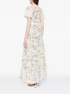NEEDLE & THREAD Floral-embroidered Short-sleeve Gown