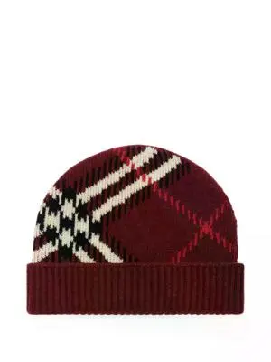 Burberry Check Cashmere Blend Beanie - Red