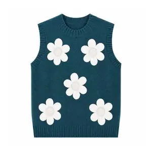 YUMI Flower Appliqué Knit Tank - Blue