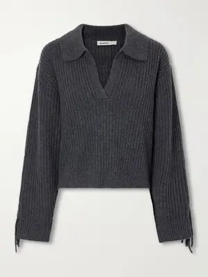 Simkhai Natalia Fringed Ribbed Wool And Recycled Cashmere-blend Polo Sweater - Gray