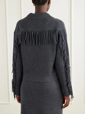 Simkhai Natalia Fringed Ribbed Wool And Recycled Cashmere-blend Polo Sweater - Gray
