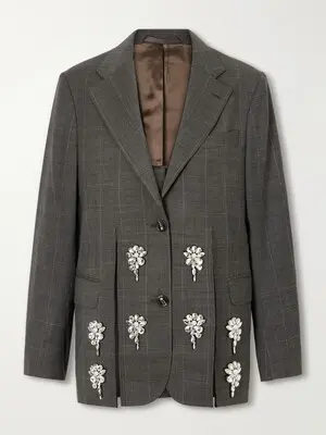 Simone Rocha Embellished Prince Of Wales Stretch-wool Blazer - Gray