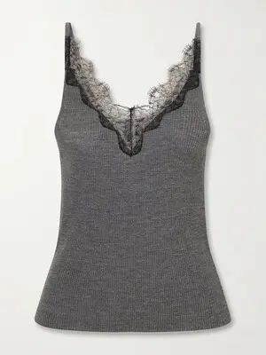 NILI LOTAN Aronia Lace-trimmed Ribbed Silk-jersey Tank - Gray