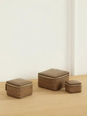 Smythson Mara Set Of Three Croc-embossed Leather Jewelry Cases - Brown