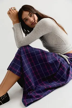 We The Free Skipper Pleated Plaid Midi Skirt - Navy Combo