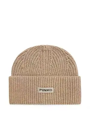 Pinko Logo-patch Ribbed-knit Beanie Hat - Neutrals