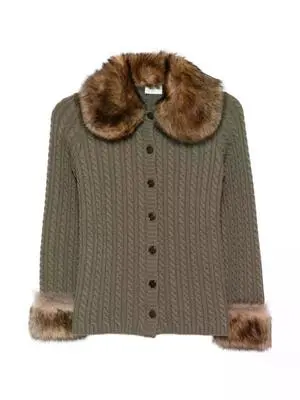 Saint Laurent Cable-knit Cardigan In Cashmere And Animal-free Fur - Green