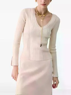 Liu Jo V-neck Rib-knit Jumper With Back Cut-out Detail - Neutrals