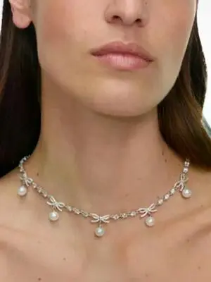 SELF-PORTRAIT Crystal-bow Pearl-charm Necklace