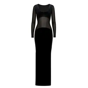 MODA GLAM Velvet & Sheer Mesh Maxi Gown