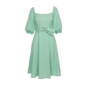NORIA ANIS Miquela Puff Sleeves Midi Dress In Mint - Green