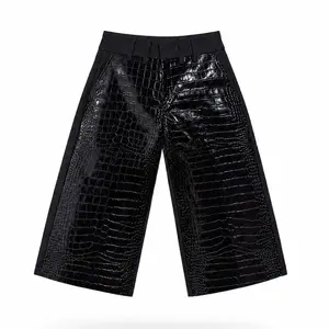 HEDARE Capri Crocodile Embossed Leather Trousers - Black