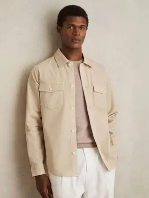 REISS Cotton Twill Twin Pocket Overshirt With Stretch