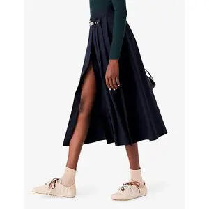 Maje Pleated Buckle-waist Midi Skirt - Navy