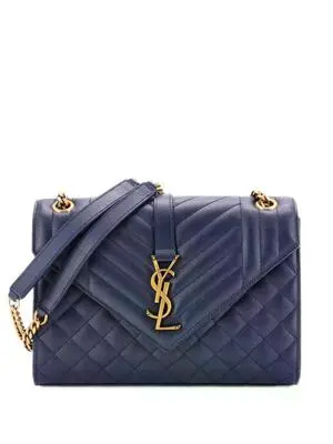 Saint Laurent Classic Monogram Envelope Satchel Mixed Matelasse Leather Medium Shoulder Bag - Blue
