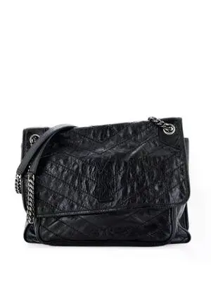Saint Laurent Niki Chain Flap Bag Matelasse Chevron Leather Large Shoulder Bag - Black
