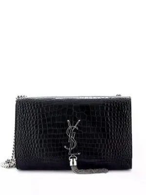 Saint Laurent Monogram Tassel Crocodile Embossed Leather Crossbody Bag - Black