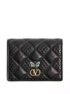 Valentino Garavani Flutterby Wallet In Shiny Nappa Leather With Butterfly Embroidery - Black