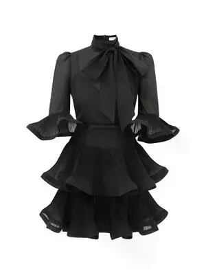 Zimmermann Pleated Tiered Dress With Pussy-bow Collar