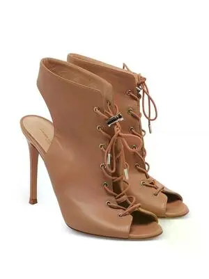 GIANVITO ROSSI Beige Leather Cut-out Lace-up Stiletto Booties