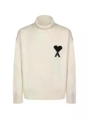 AMI Paris De Coeur Intarsia Knit Roll Neck Wool Sweater - Neutrals